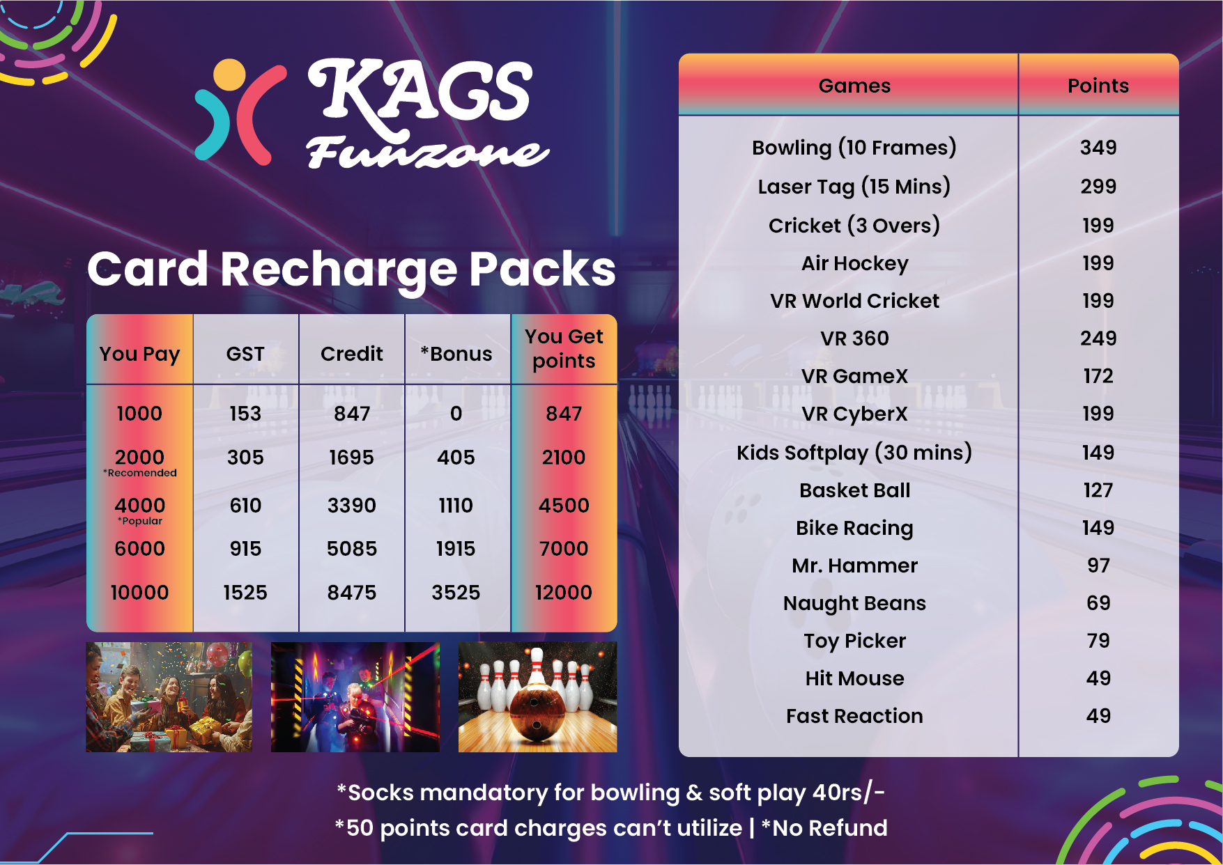 Rate Card - KAGS Funzone - Your Fun & Happiness Destination