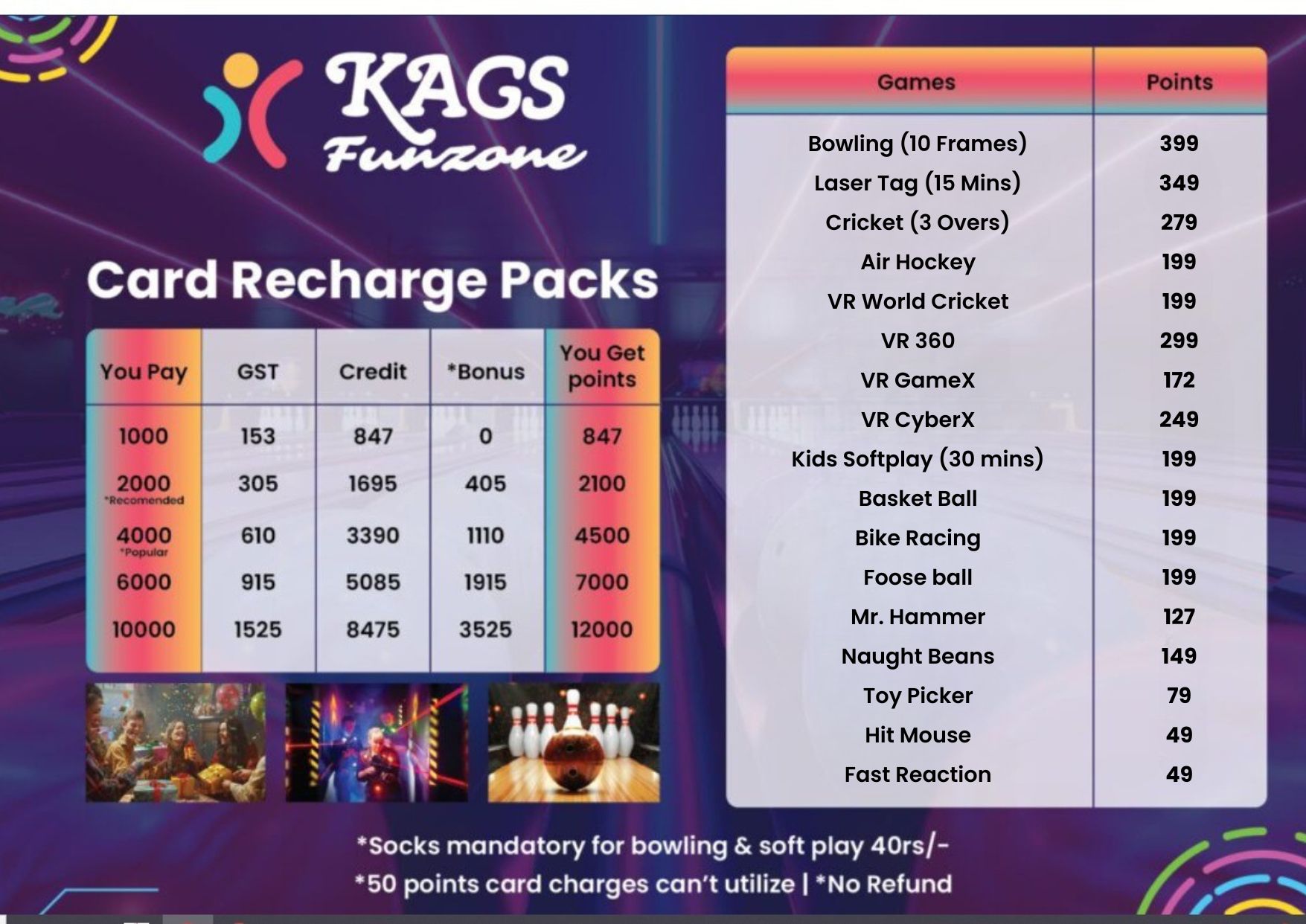 Rate Card - KAGS Funzone - Your Fun & Happiness Destination